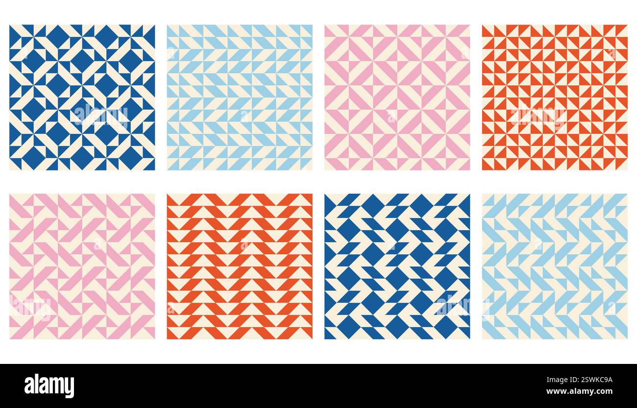 Retro Bauhaus tile collection. Triangle and square seamless pattern set. Geometric tile ...