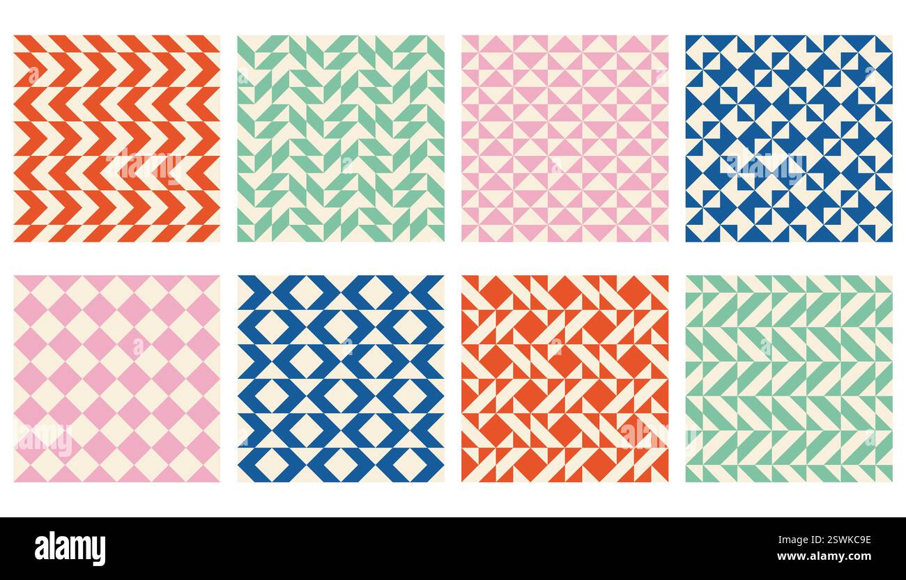 Cute abstract collection of triangle and square seamless patterns. Monochrome Bauhaus pattern ...