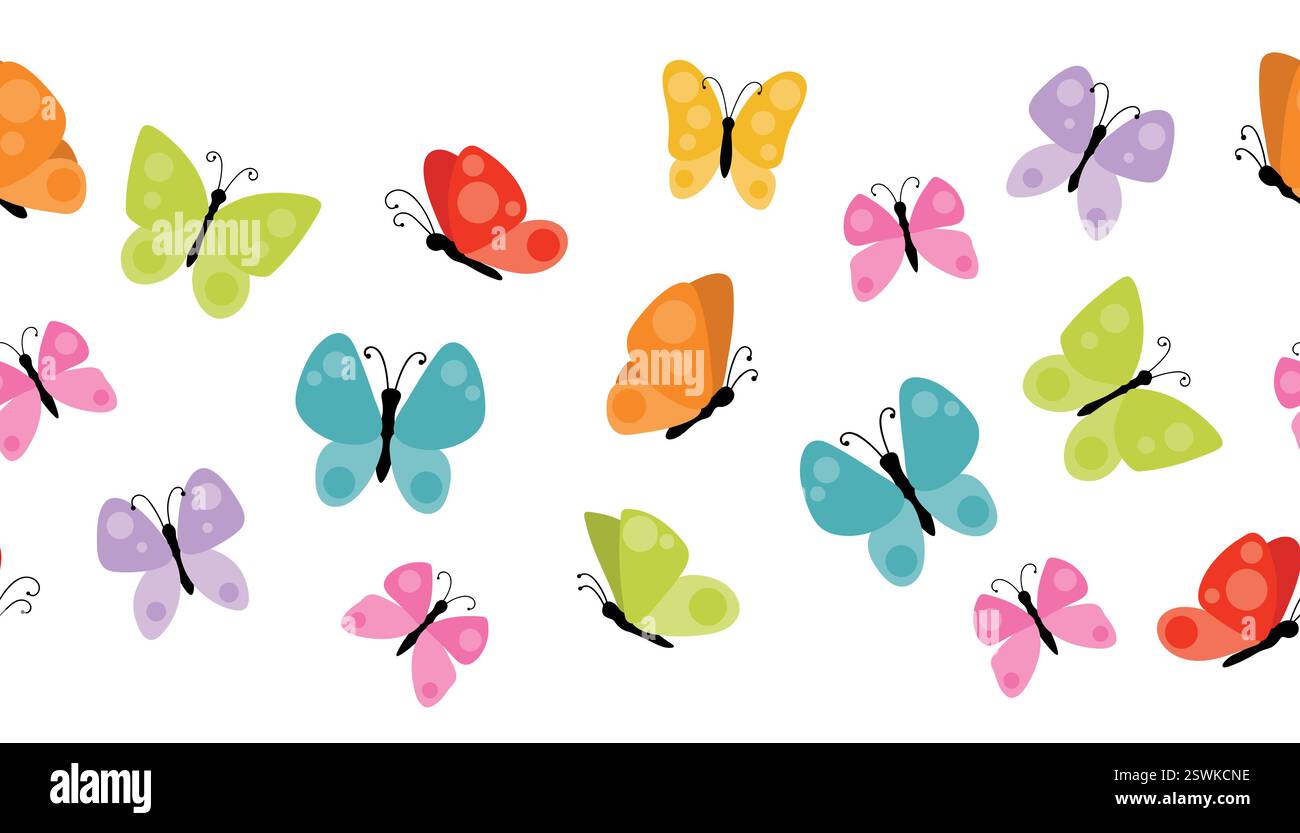 Cute colorful spring or summer butterflies seamless border isolated on ...