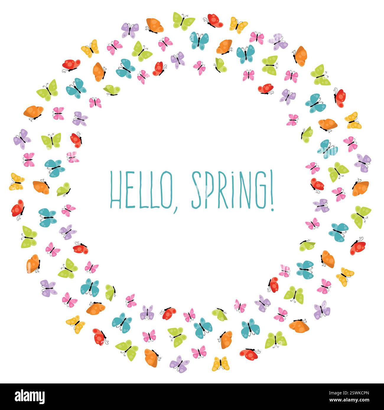 Cute colorful butterflies round frame with quote Hello spring. Flying ...
