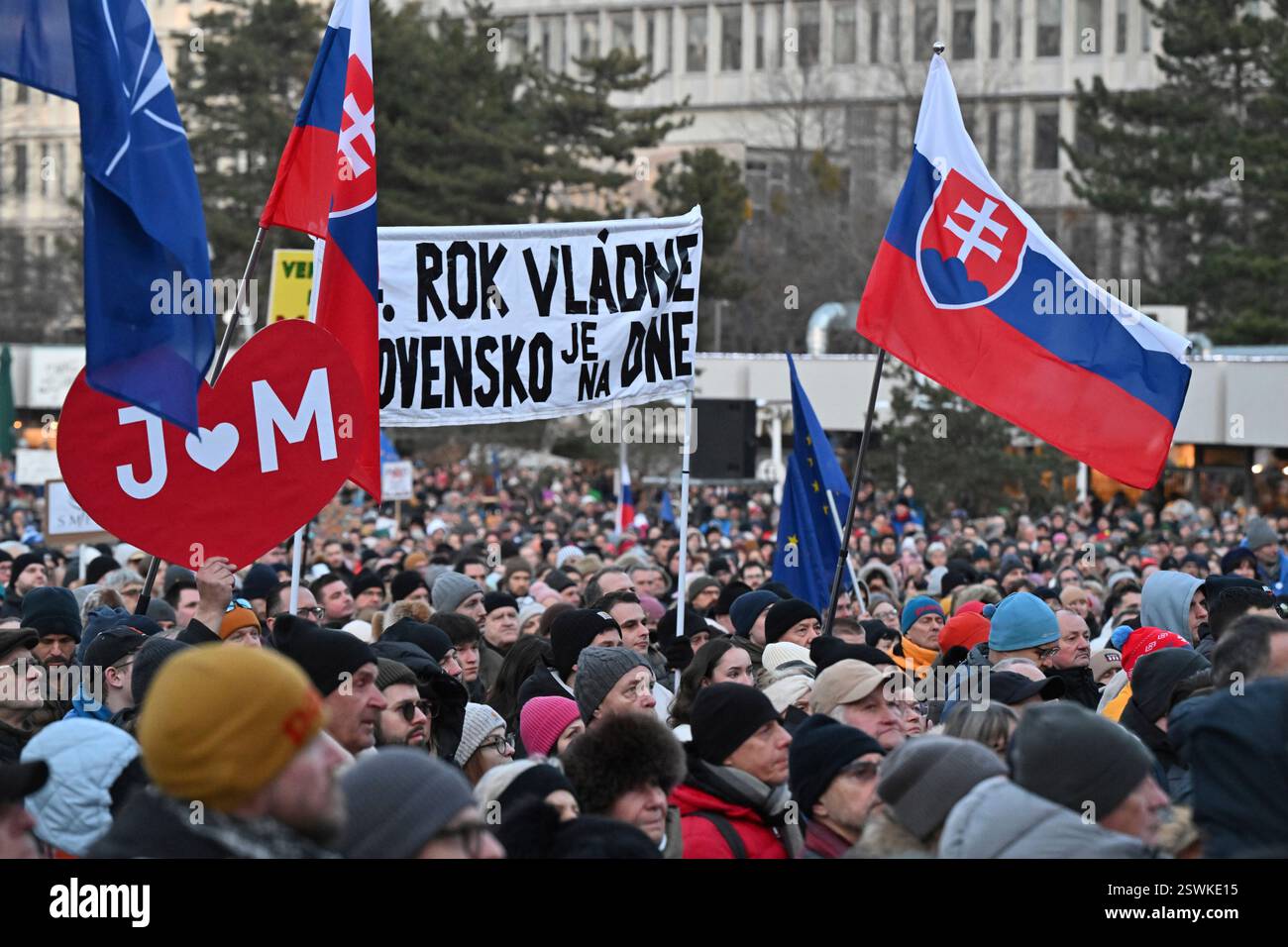 People gather in Bratislava, Slovakia on Friday Feb. 21, 2025, to mark ...