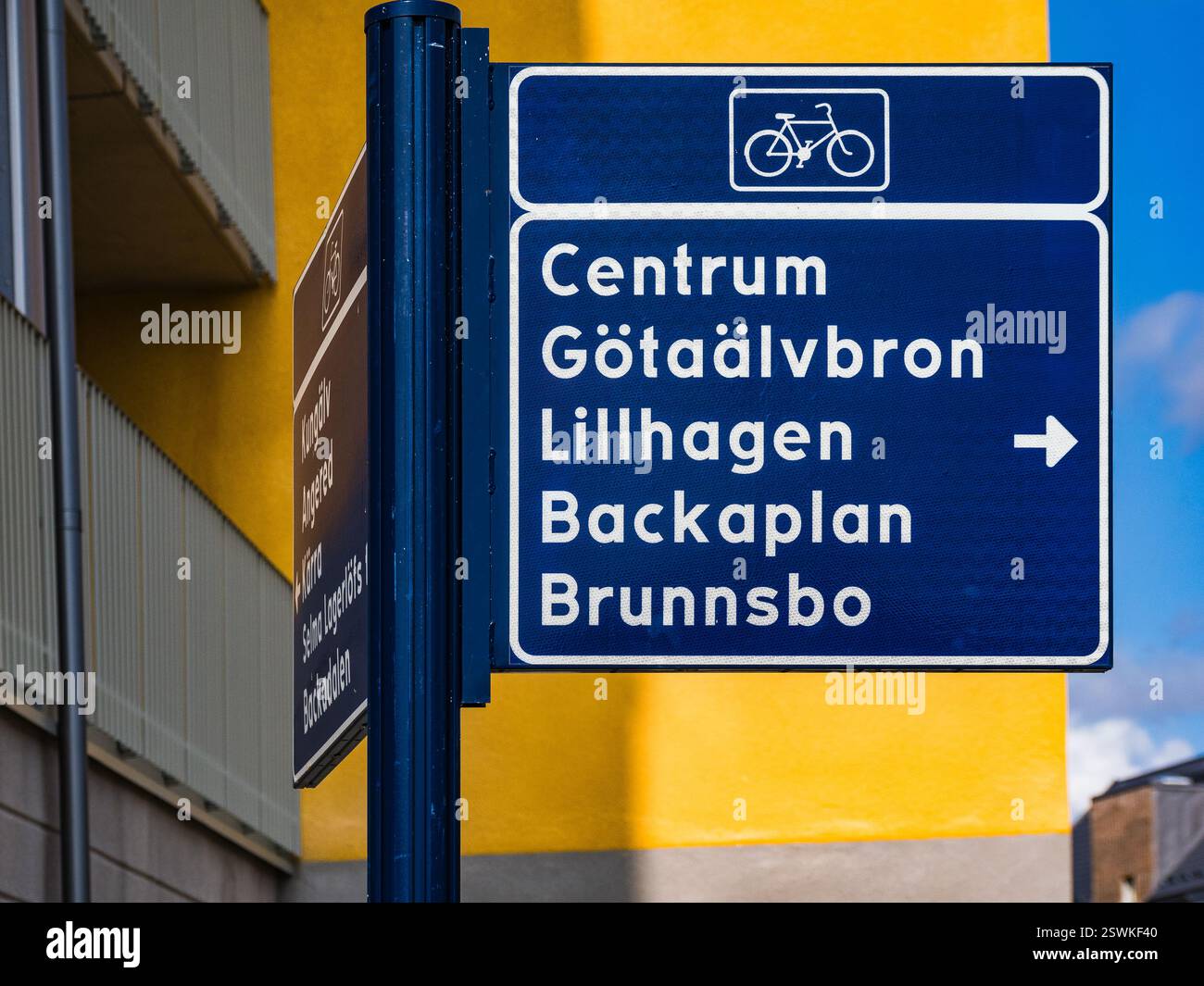 A cycle route sign in Gothenburg displaying directions to Centrum ...