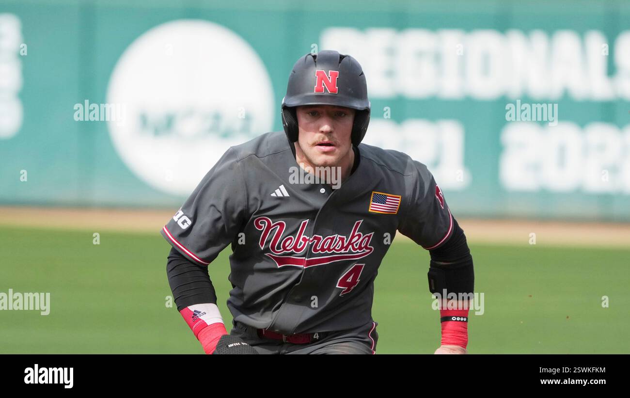 Nebraska infielder Joshua Overbeek (4) during an NCAA baseball game ...