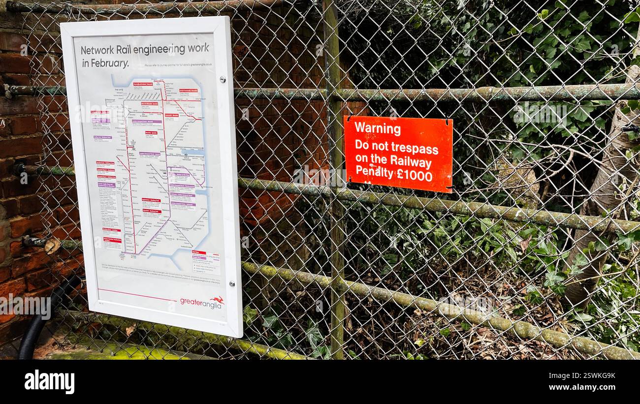 Railway warning and engineering work signage photographed outdoors in ...