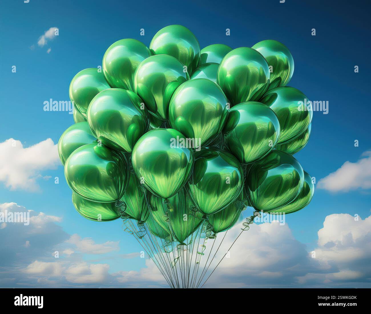 A bright cluster of green balloons floats against a clear blue sky ...