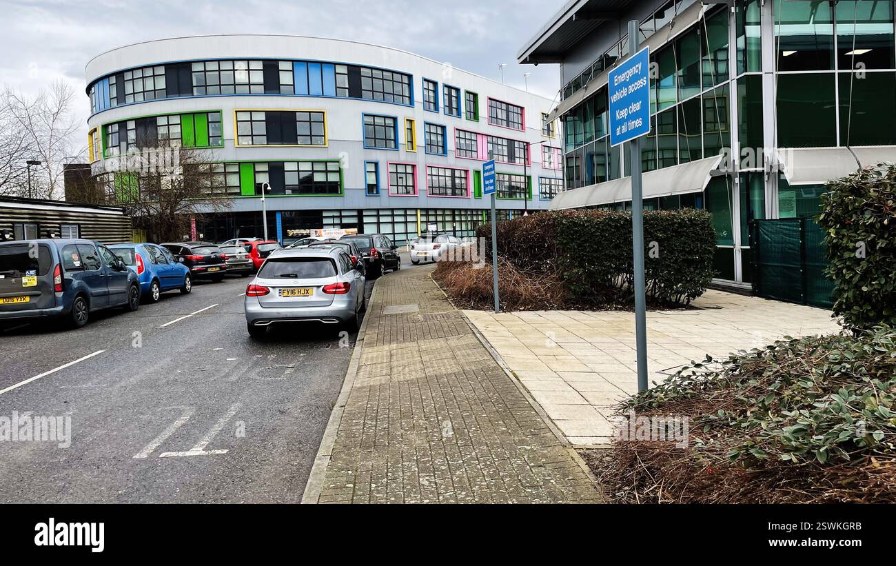 London, UK - February 21, 2025: Modern Oasis Academy buildings with ...