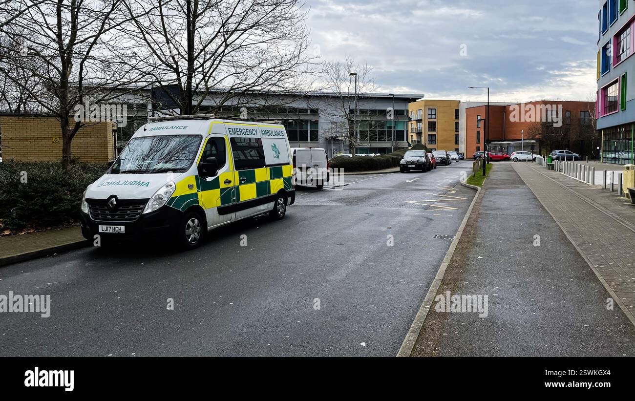 London, UK - February 21, 2025: Emergency ambulance stationed outside ...
