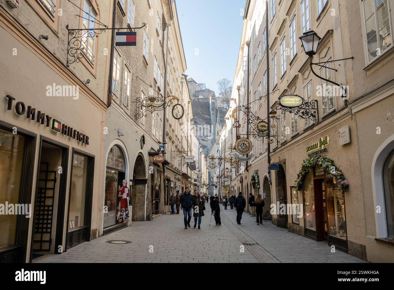 Salzburg, Austria - February 5, 2025. Getreidegasse, Salzburg's most ...