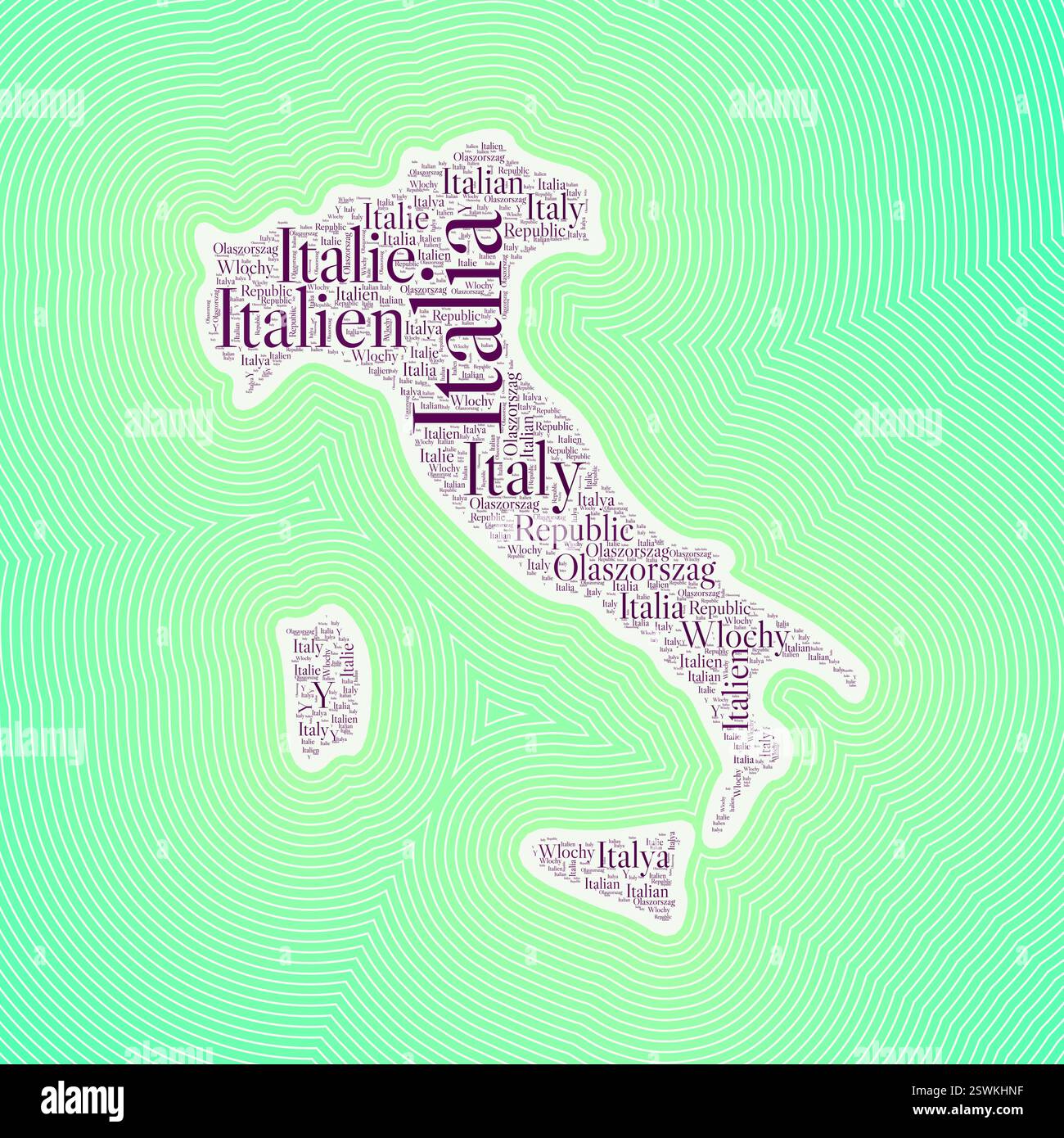 Italy shape formed by country name in multiple languages. Italy border ...