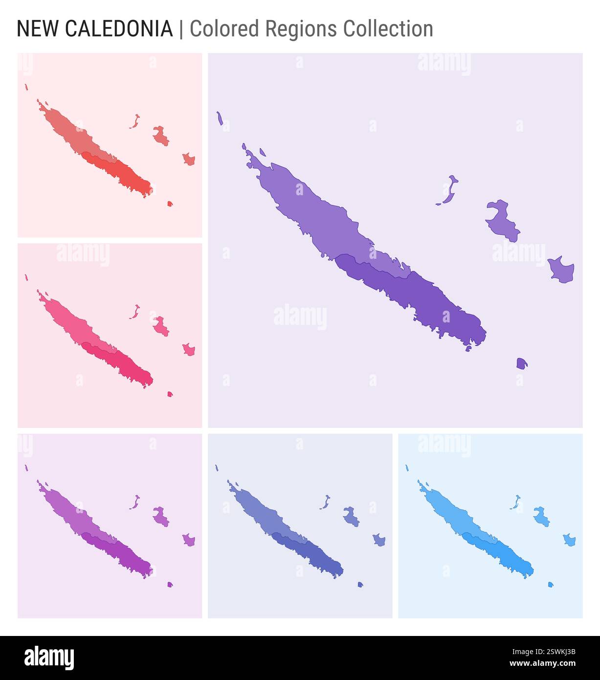 New Caledonia map collection. Country shape with colored regions. Deep Purple, Red, Pink, Purple ...