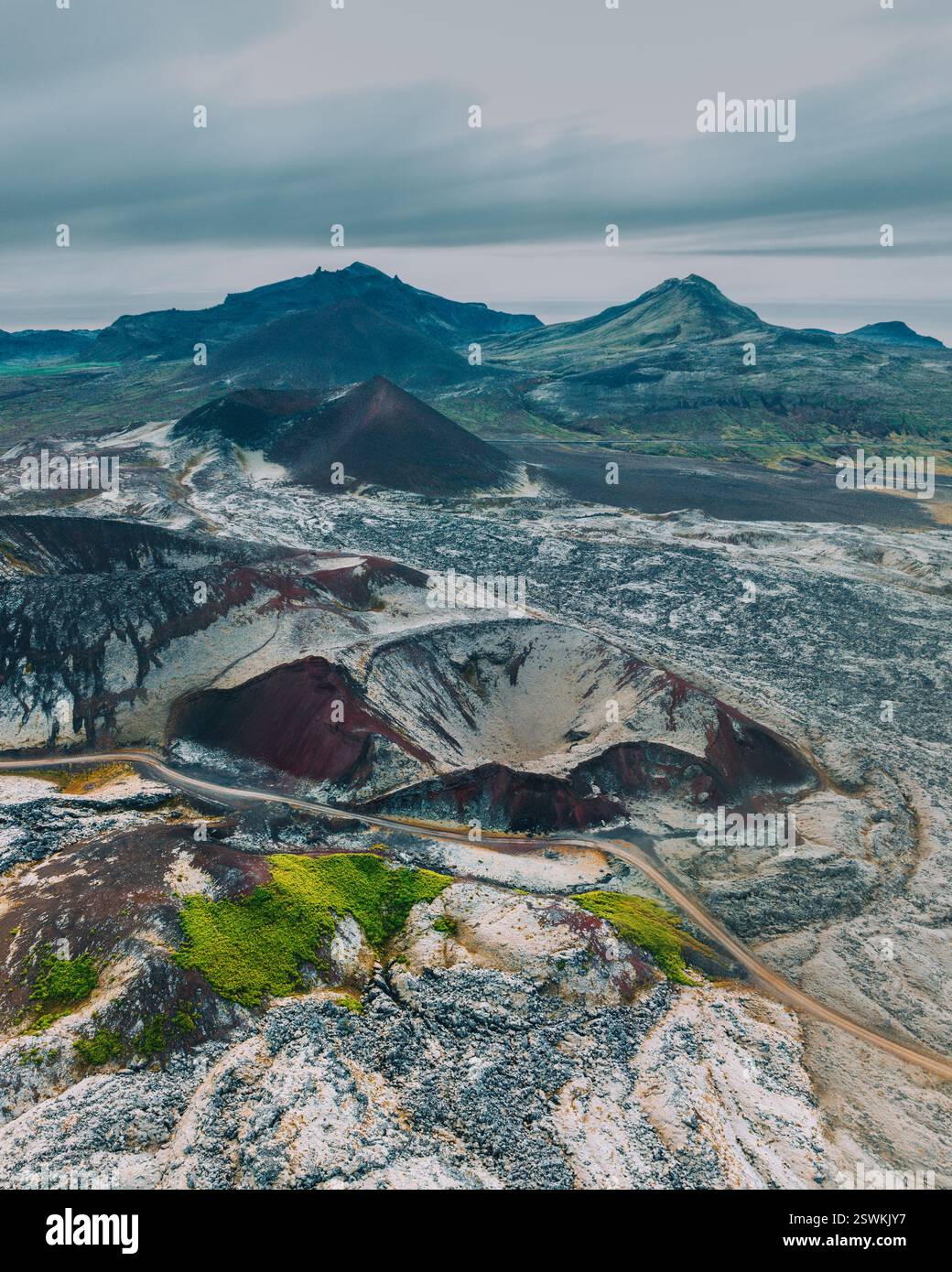 Aerial view of craters and lava field in Berserkjahraun, Snæfellsnes ...