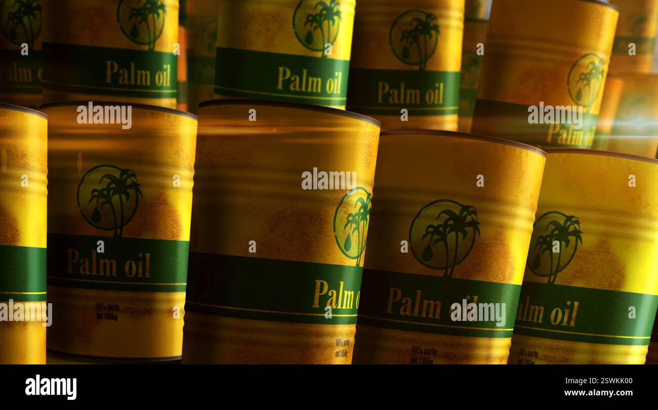 Palm oil barrels in row concept. Food fat industrial containers 3d ...