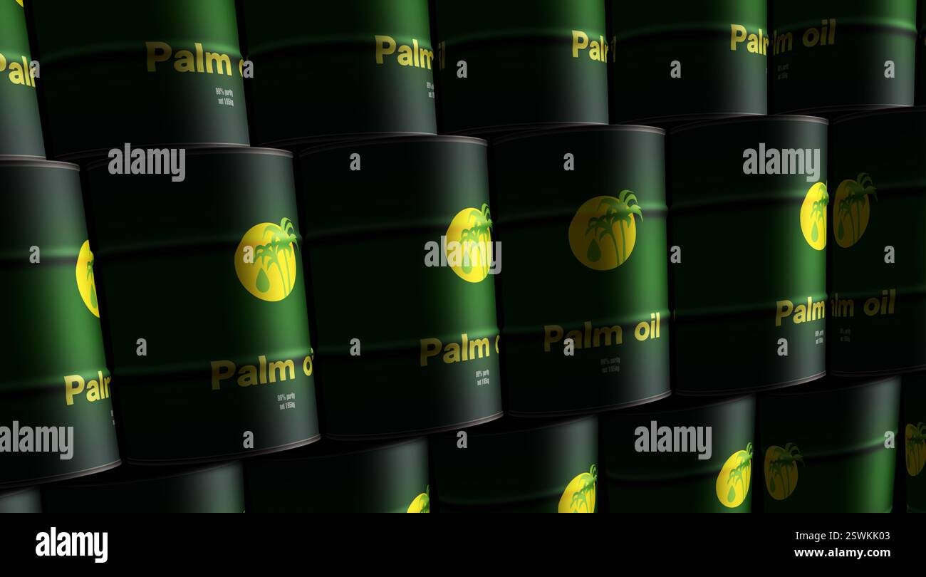 Palm oil barrels in row concept. Food fat industrial containers 3d ...