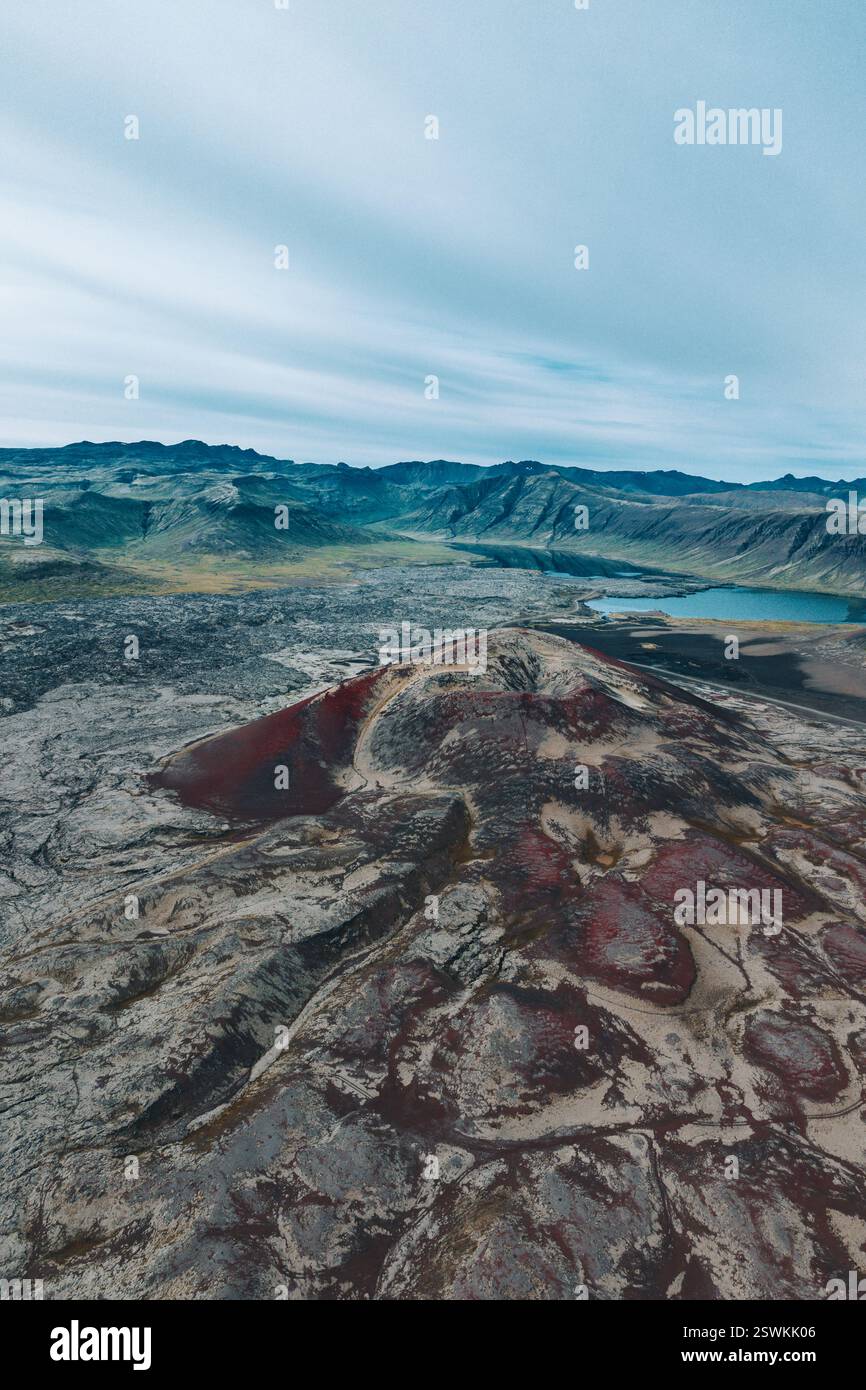 Aerial view of craters and lava field in Berserkjahraun, Snæfellsnes ...