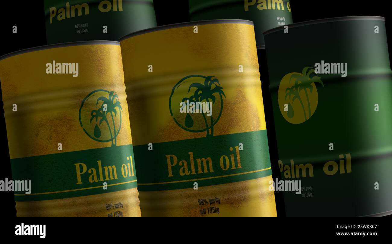 Palm oil barrels in row concept. Food fat industrial containers 3d ...