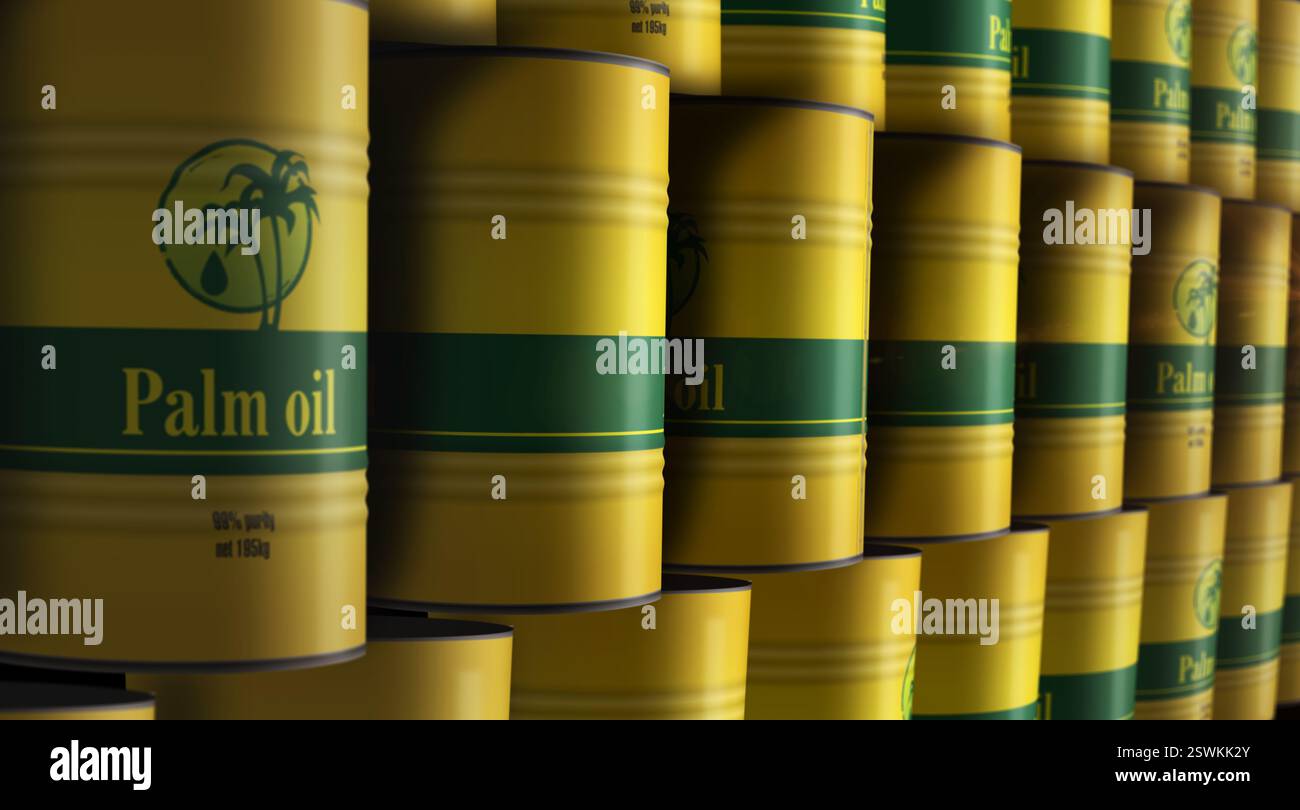 Palm oil barrels in row concept. Food fat industrial containers 3d ...