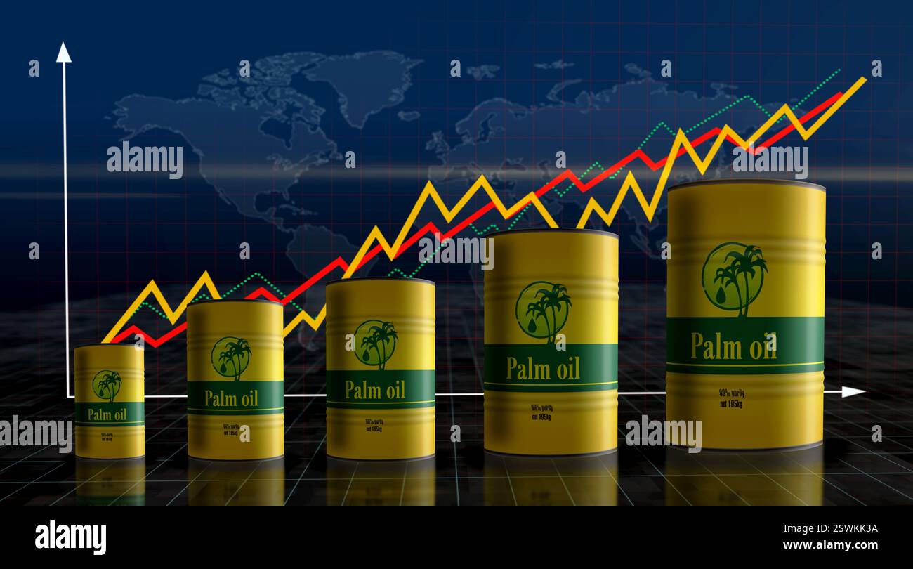 Palm oil barrels in row concept. Food fat industrial containers 3d ...