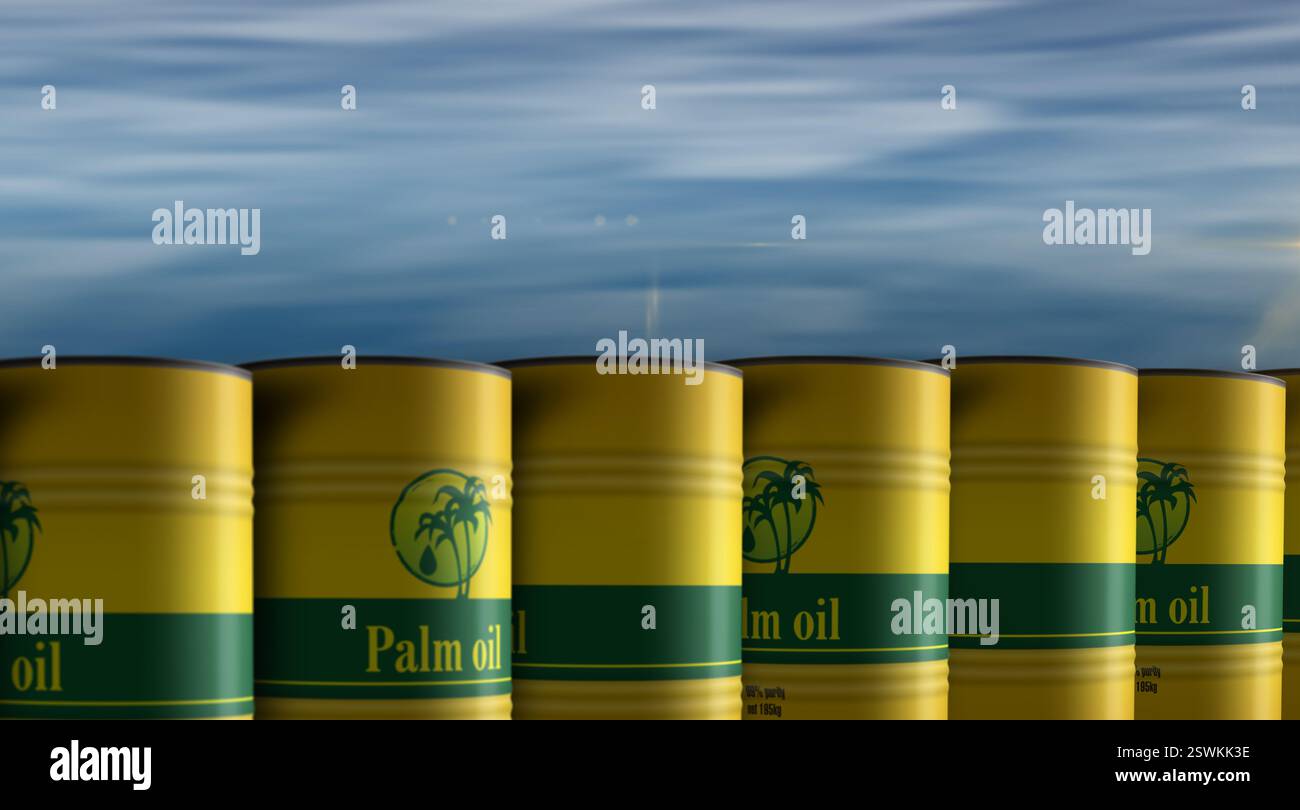 Palm oil barrels in row concept. Food fat industrial containers 3d ...