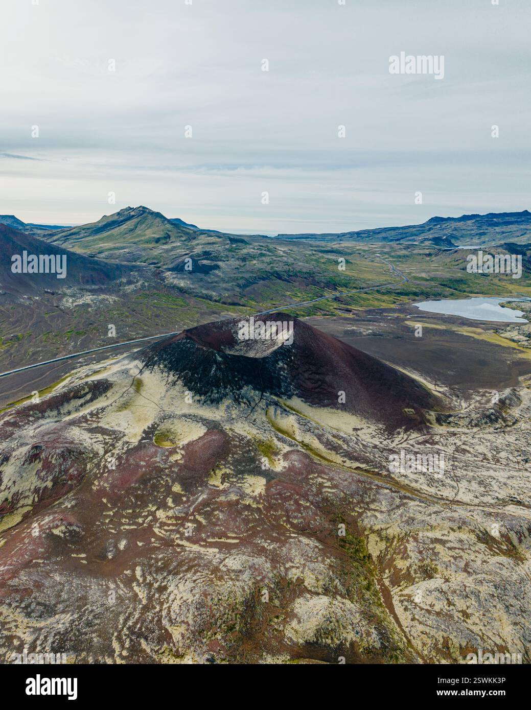 Aerial view of volcanic crater in Berserkjahraun lava field ...