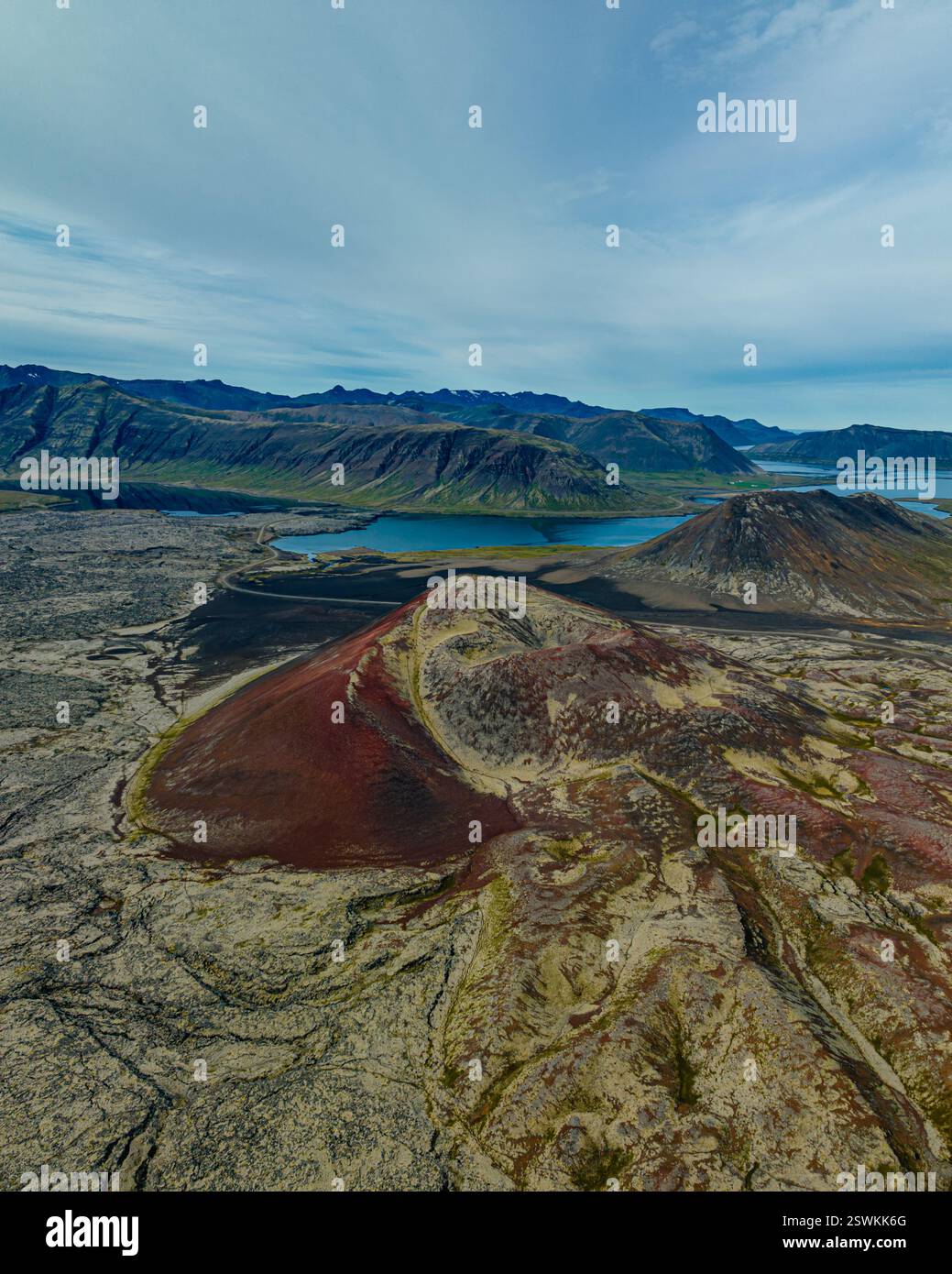 Aerial view of craters and lava field in Berserkjahraun, Snæfellsnes ...