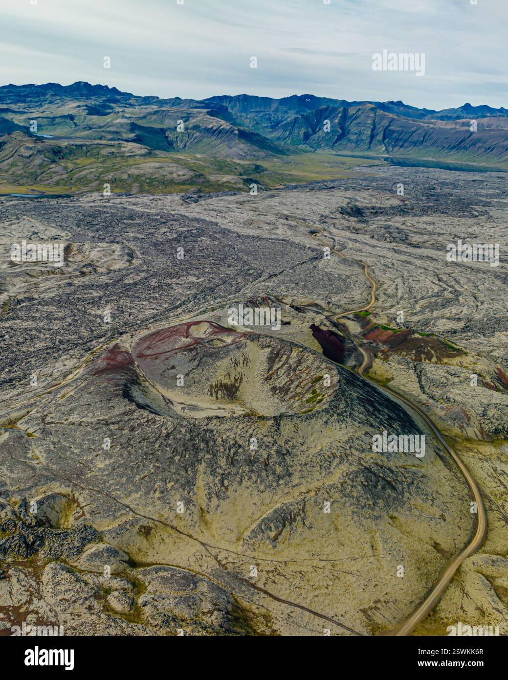 Scenic aerial view of volcanic crater in Berserkjahraun lava field ...
