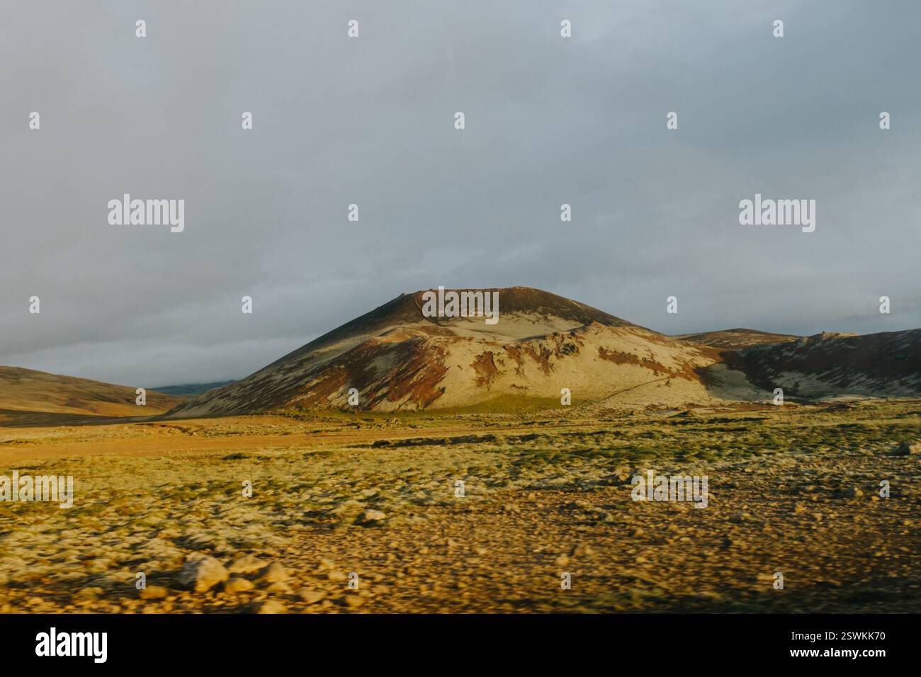 Aerial view of volcanic crater in Berserkjahraun lava field ...