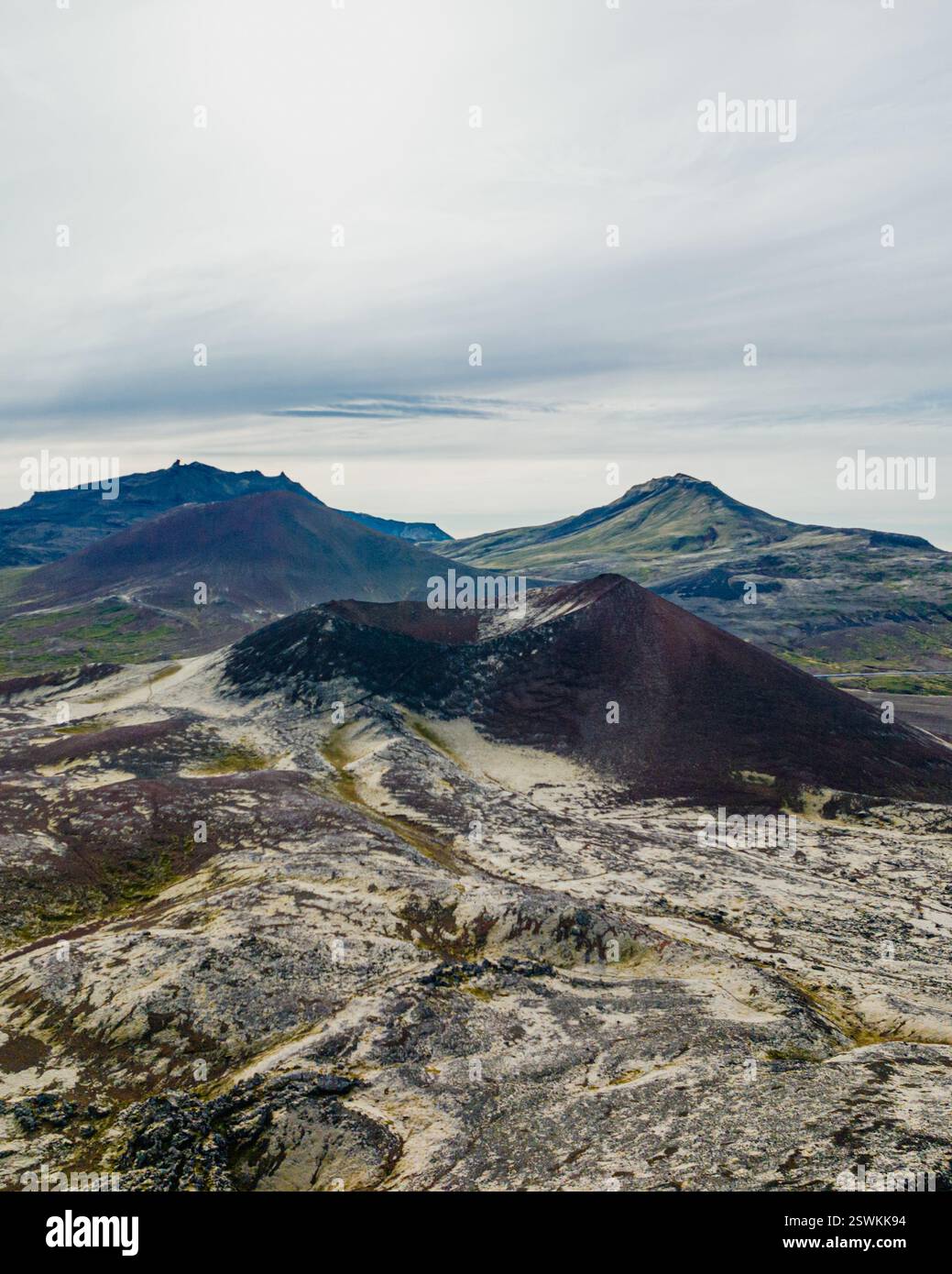 Aerial view of volcanic crater in Berserkjahraun lava field ...