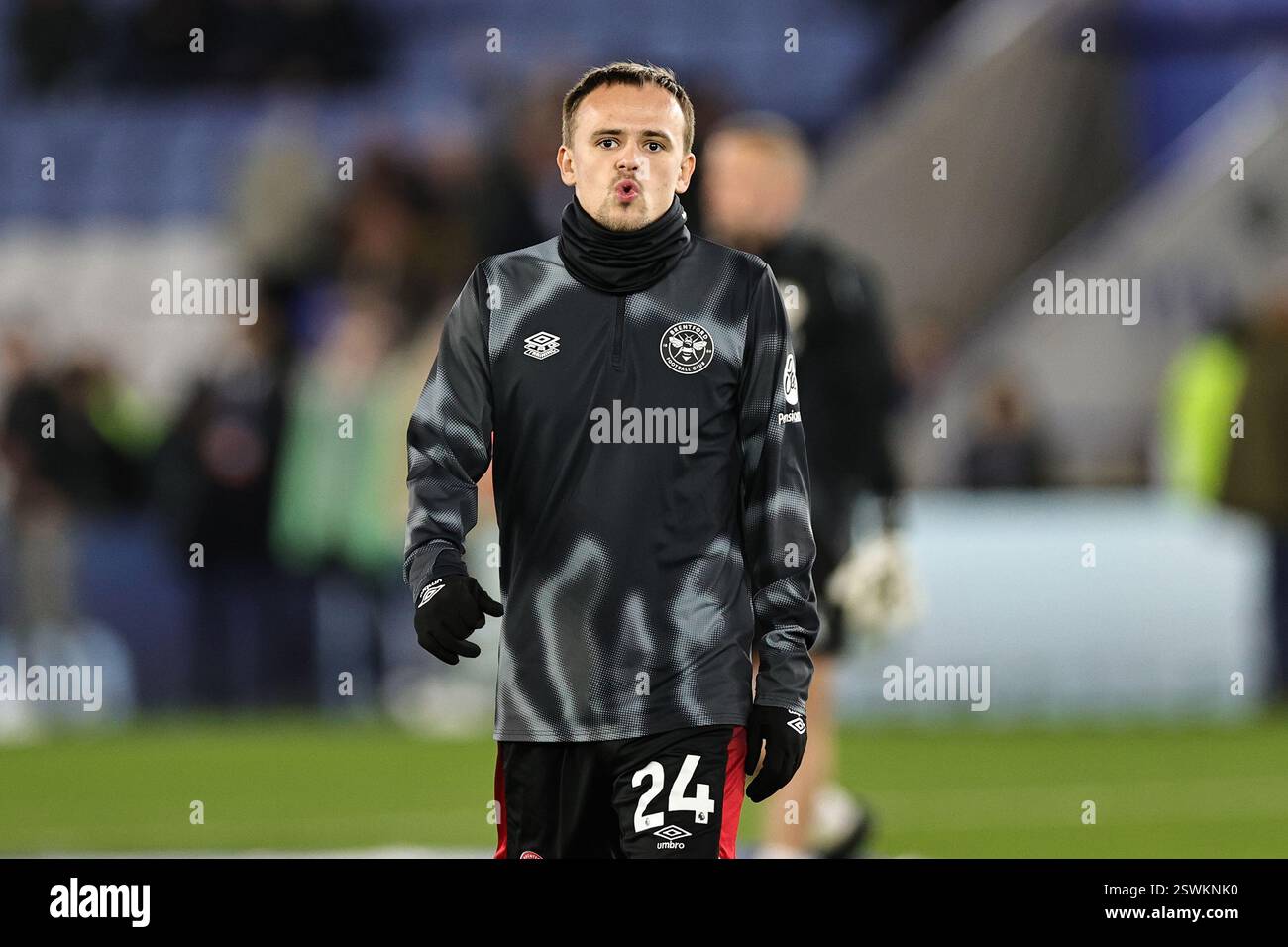 Mikkel Damsgaard of Brentford warms up ahead of the Leicester City FC v ...