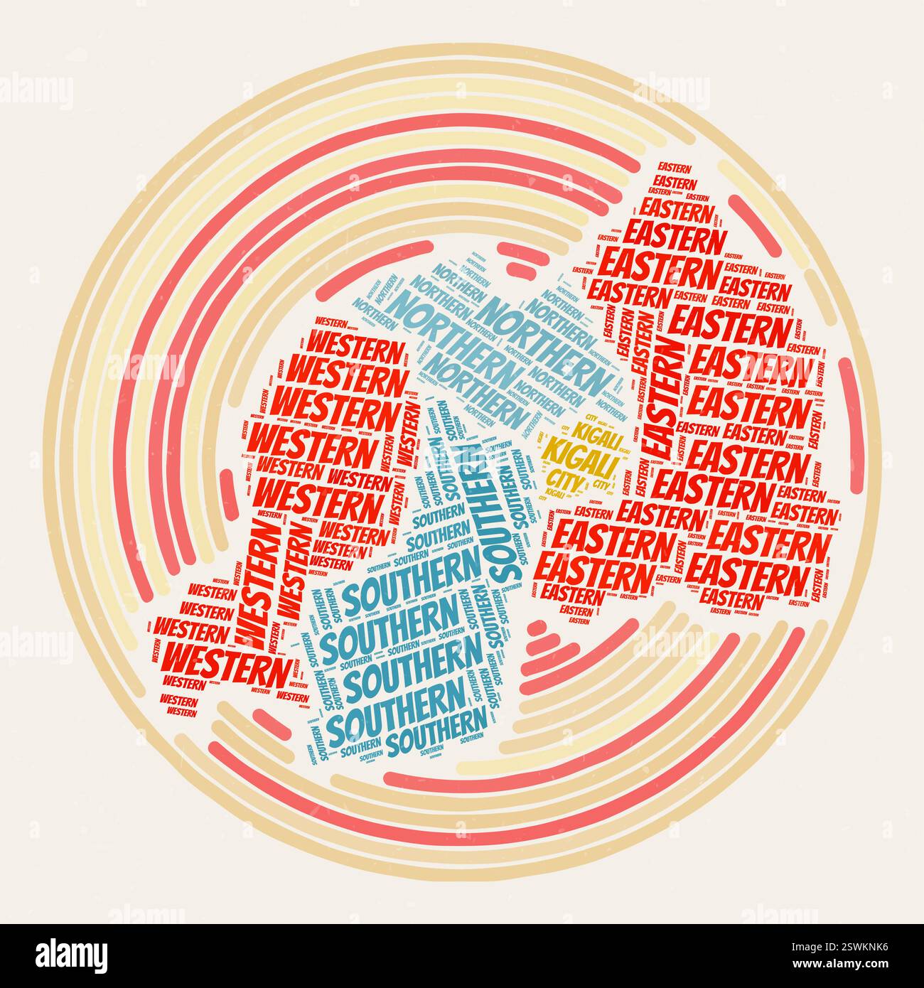 Rwanda Round Poster. Typography style image of Country. Regions word ...