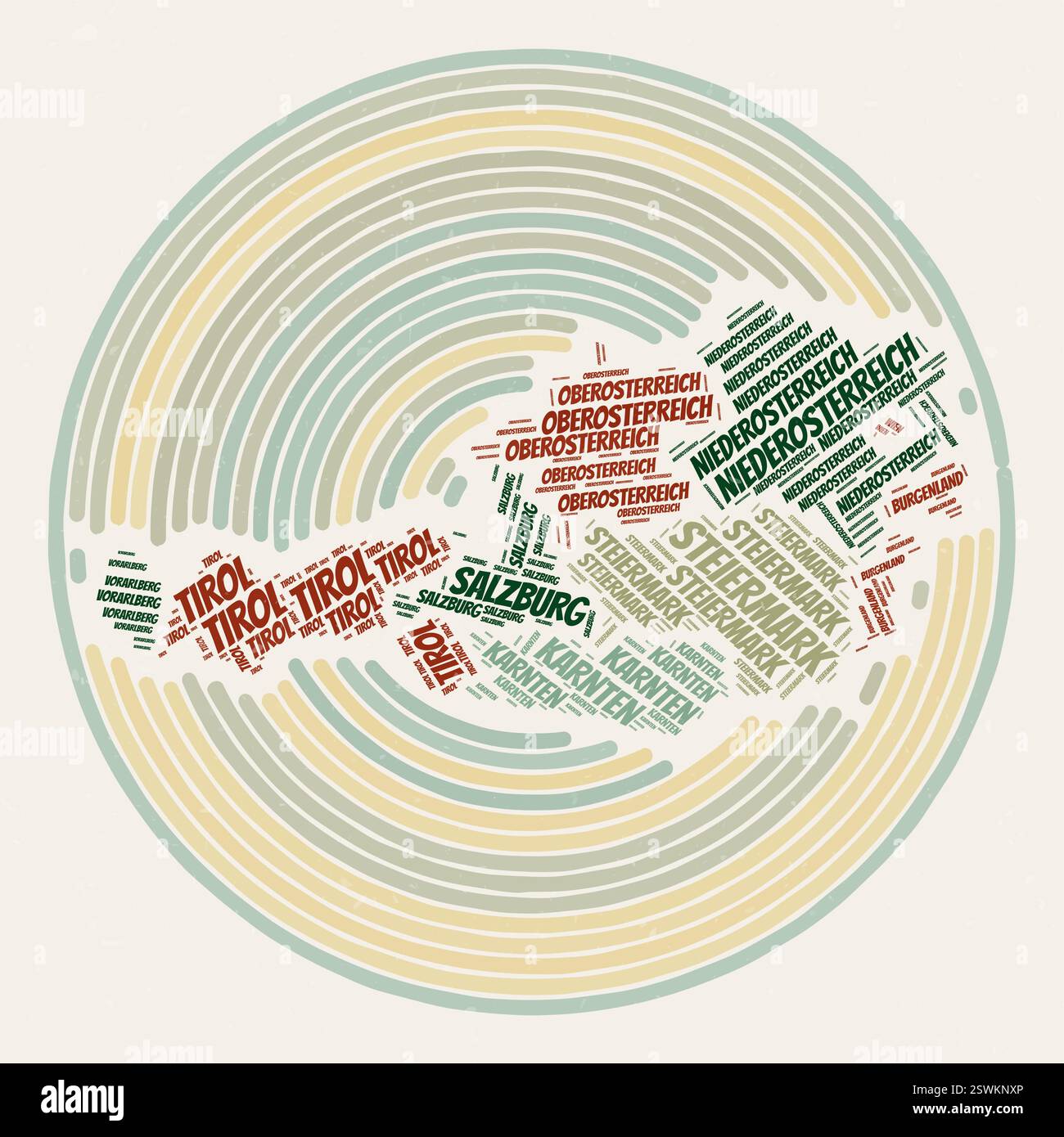 Austria round poster. Typography style image of country. Regions word ...