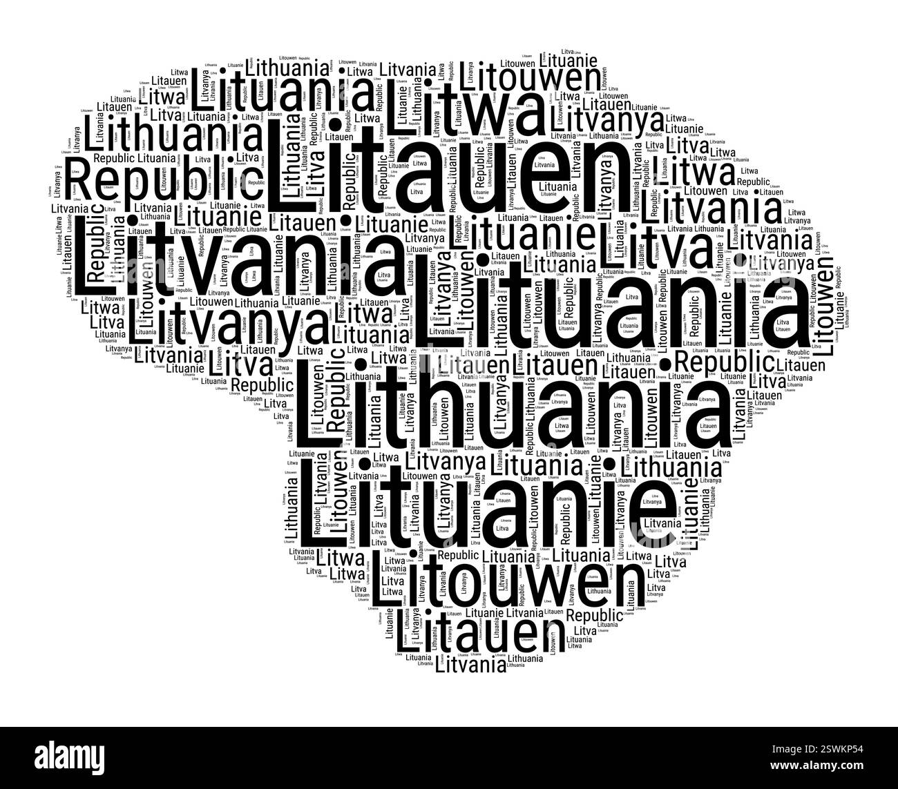 Black and white word cloud in Lithuania shape. Simple typography style ...
