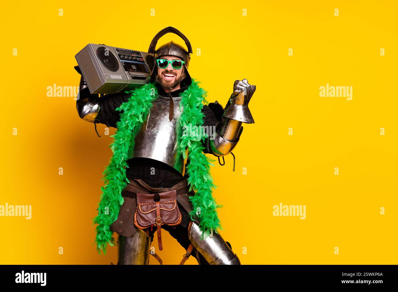 A medieval knight in full armor celebrating with modern accessories and ...