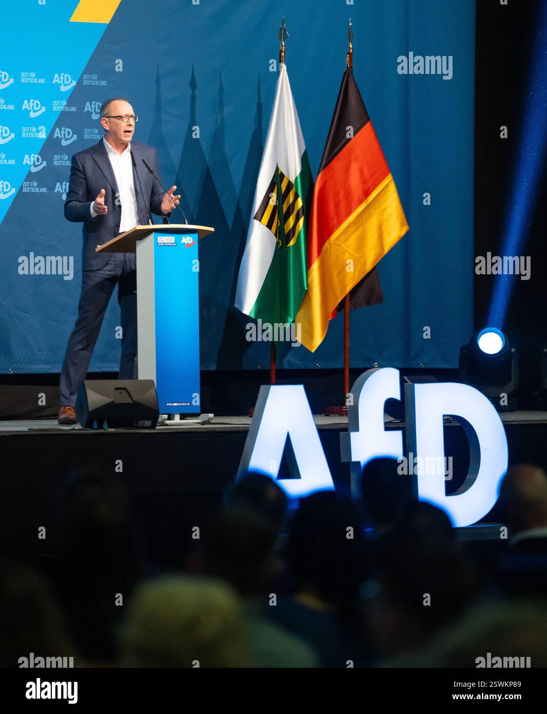 21 February 2025, Saxony, Löbau: Saxony's AFD leader Jörg Urban speaks ...