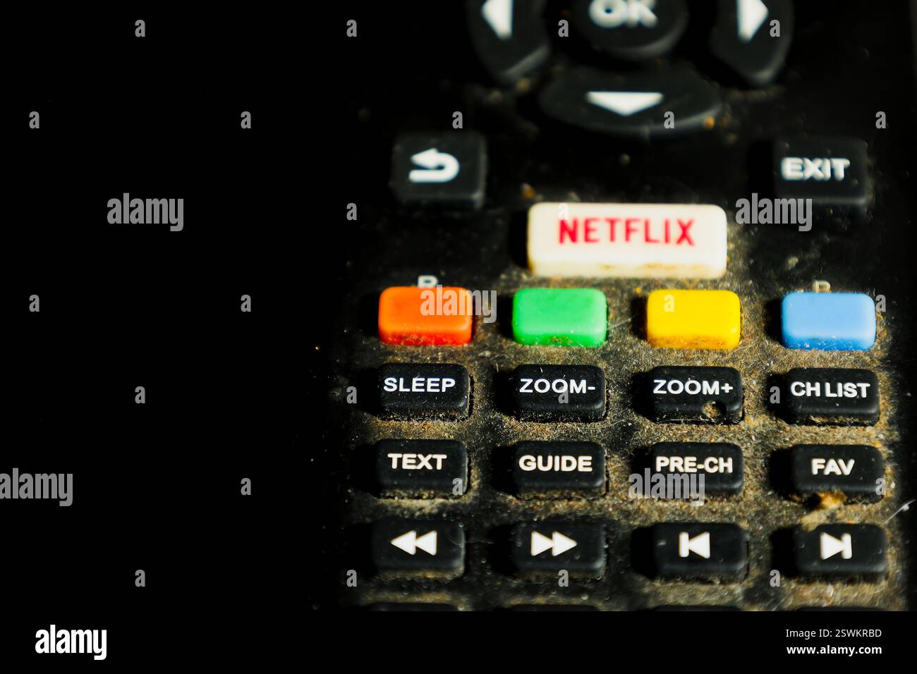 A close-up of a dusty TV remote control. The surface shows visible dirt ...