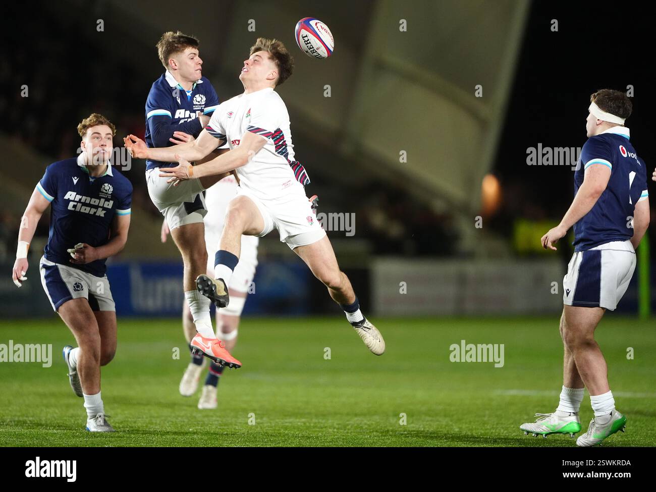 Scotland's Noah Cowan collides with England's Jack Bracken during the ...