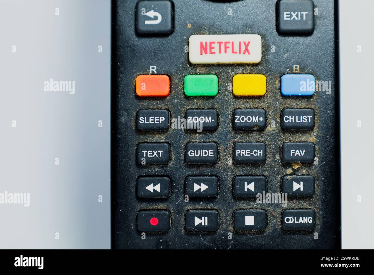 Athens, Greece - February 21, 2025. A close-up of a dusty TV remote ...