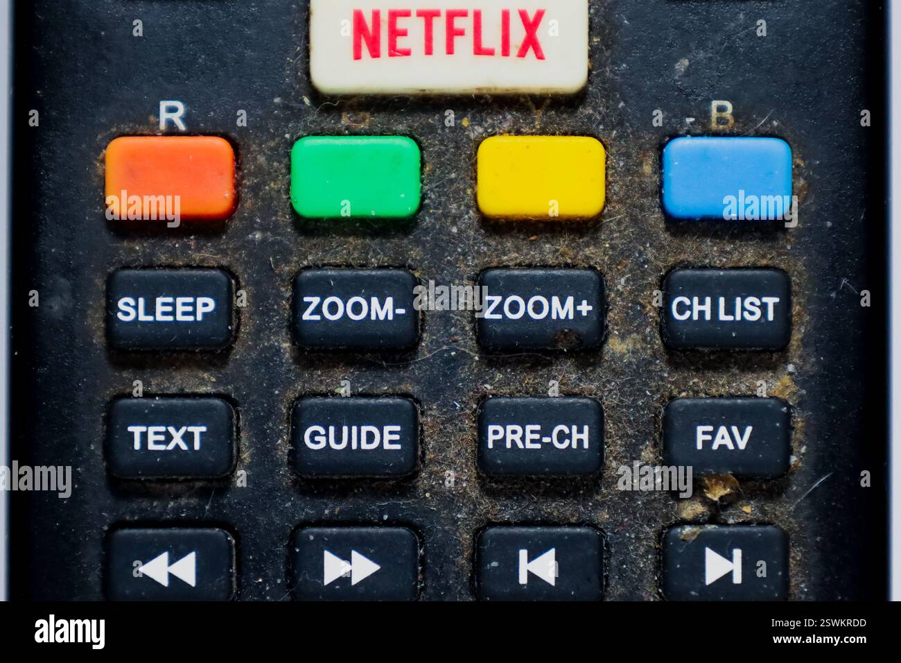 Athens, Greece - February 21, 2025. A close-up of a dusty TV remote ...