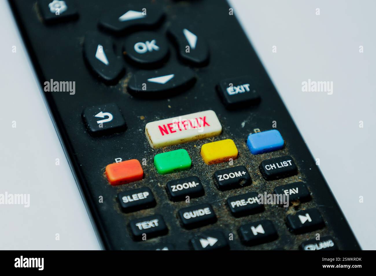 A close-up of a dusty TV remote control. The surface shows visible dirt ...