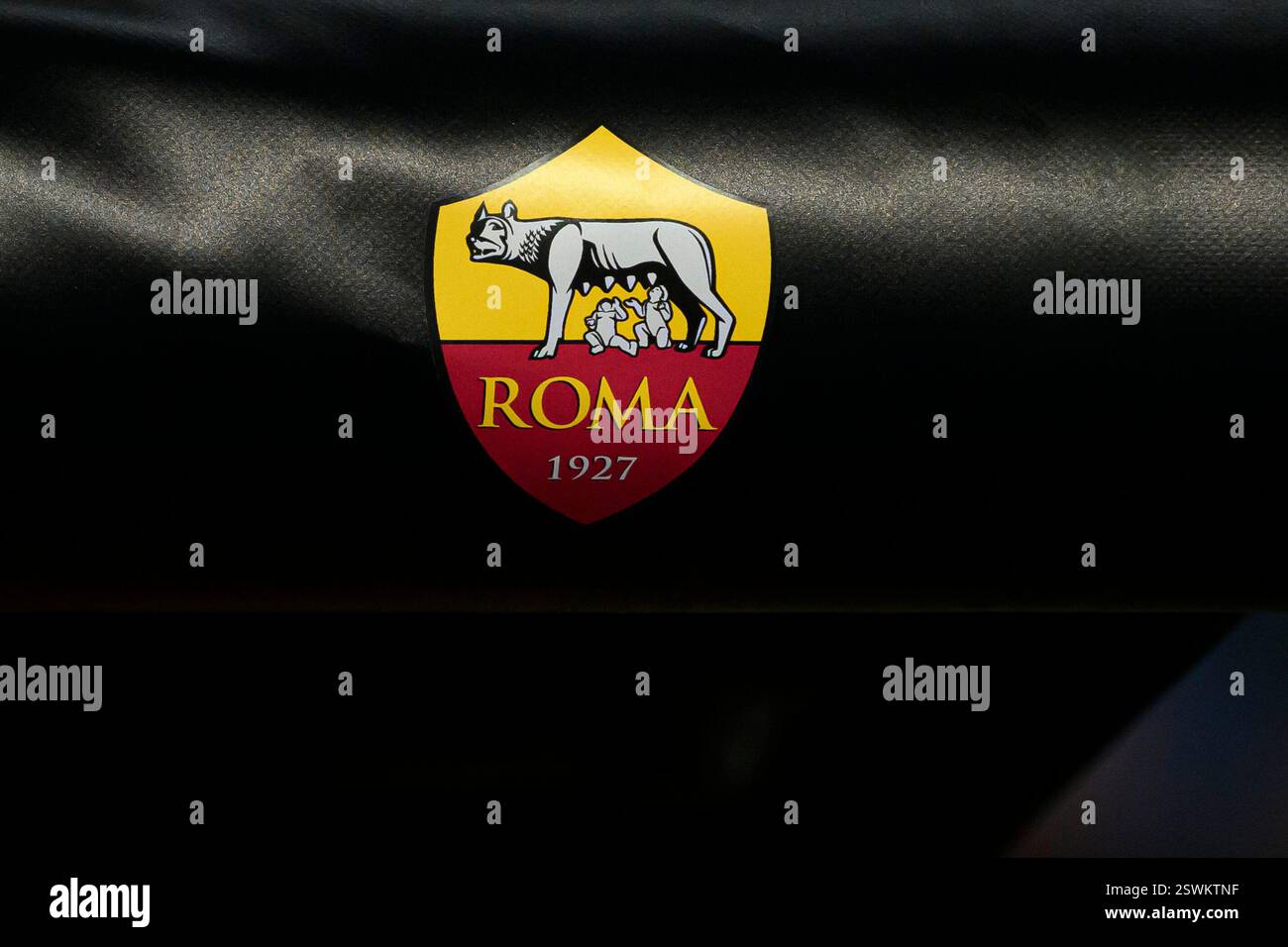 AS Roma crest is seen printed on a bench during the Europa League ...