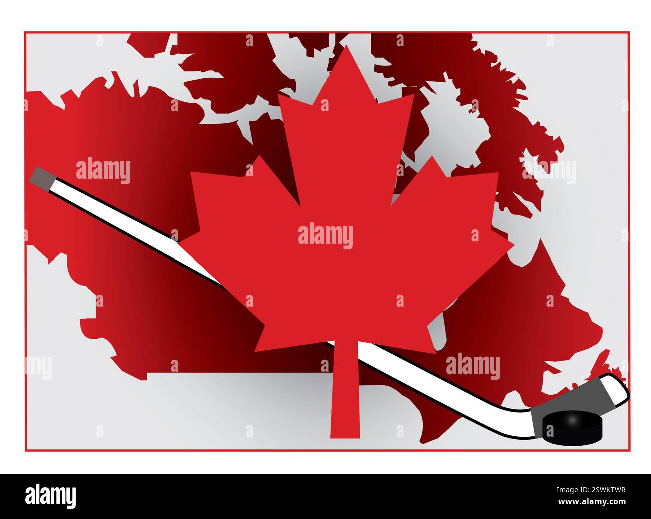 Canadian pride - map of Canada with Maple Leaf and hockey stick ...