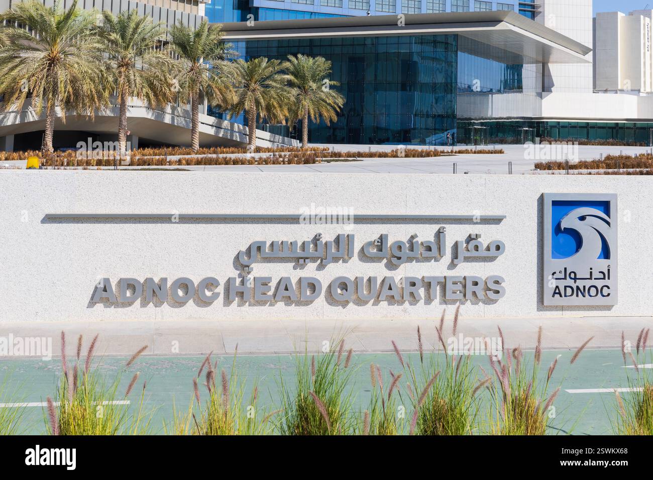 Sign at the entrance of the ADNOC (Abu Dhabi National Oil Company ...