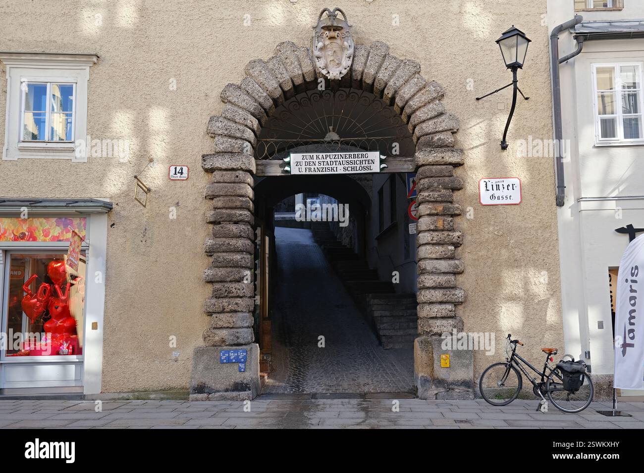 Famous street Linzergasse and stairs to Kapuzinerberg leading to the ...