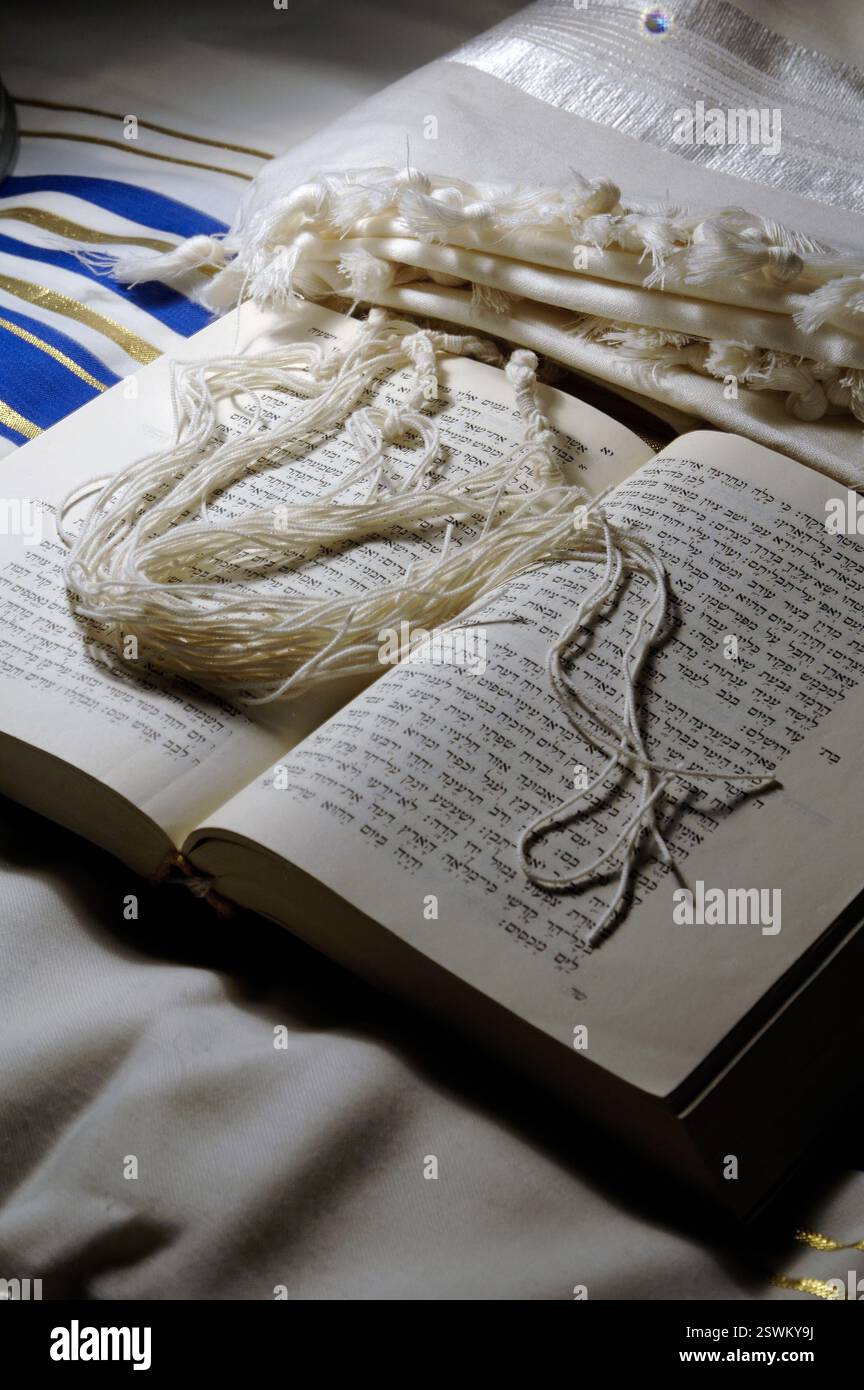 Tzitzit or tsitsiyot knotted ritual fringes or tassels of a Talit ...