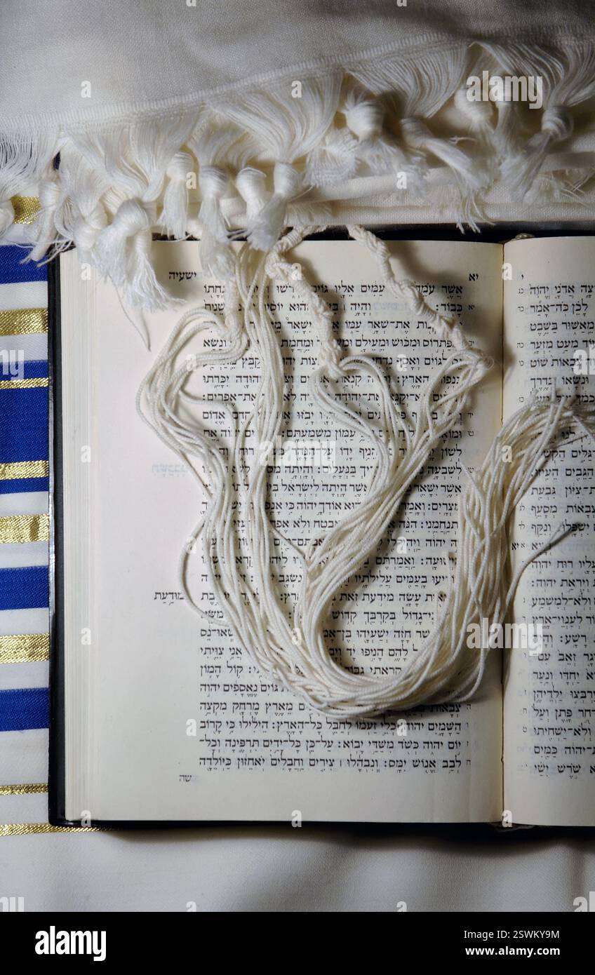 Tzitzit or tsitsiyot knotted ritual fringes or tassels of a Talit ...