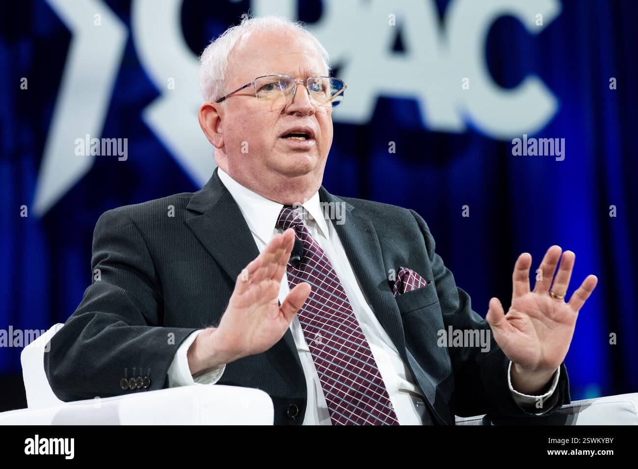 Oxon Hill, USA. 21st Feb, 2025. John Eastman, lawyer, speaking at the ...