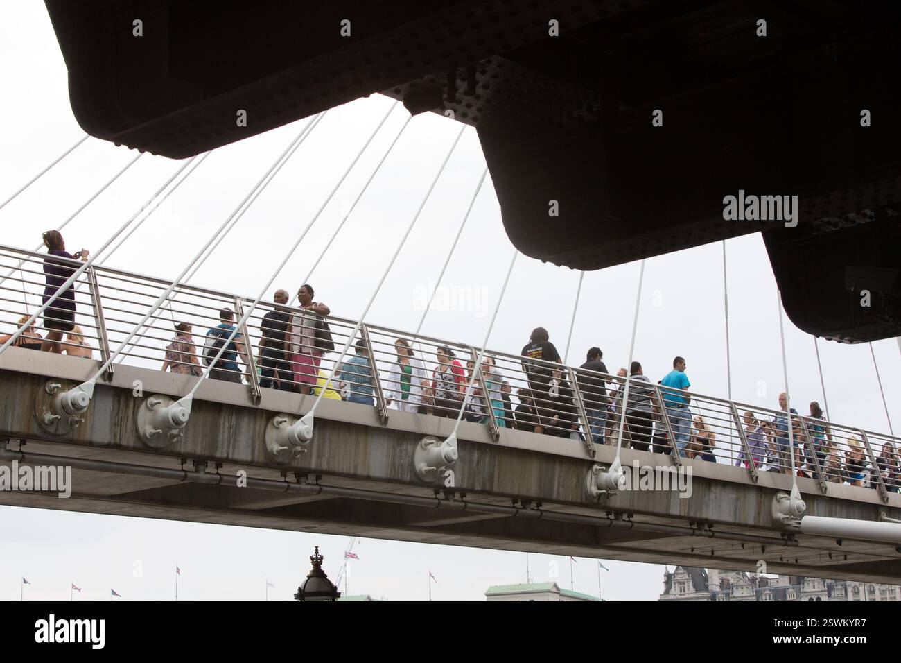 Pedestrians on the Hungerford Bridge and Golden Jubilee Bridges, London ...