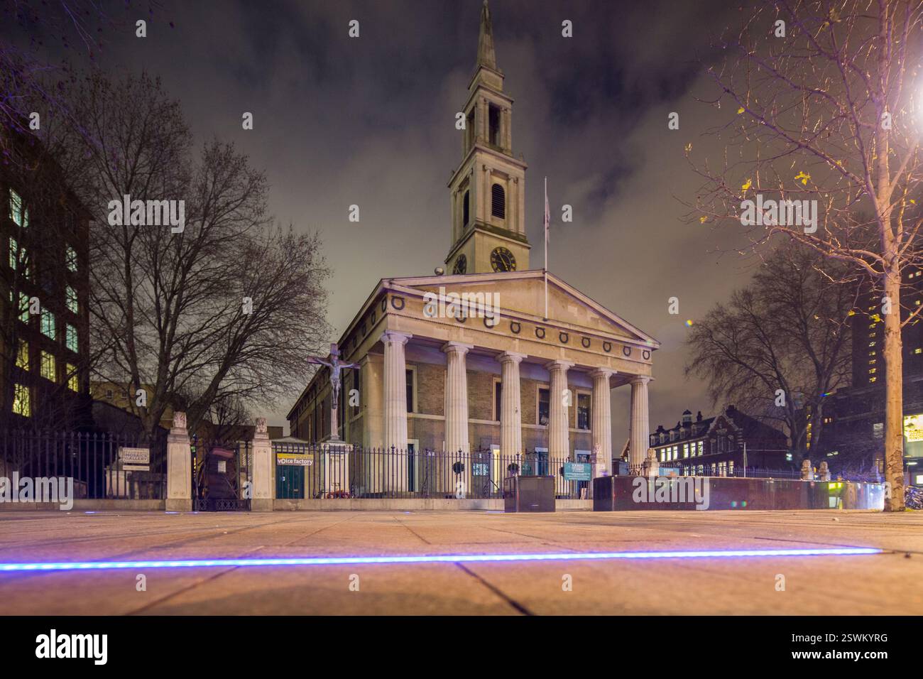 St. Johns Church, Waterloo with illuminated blue line on the pavement ...