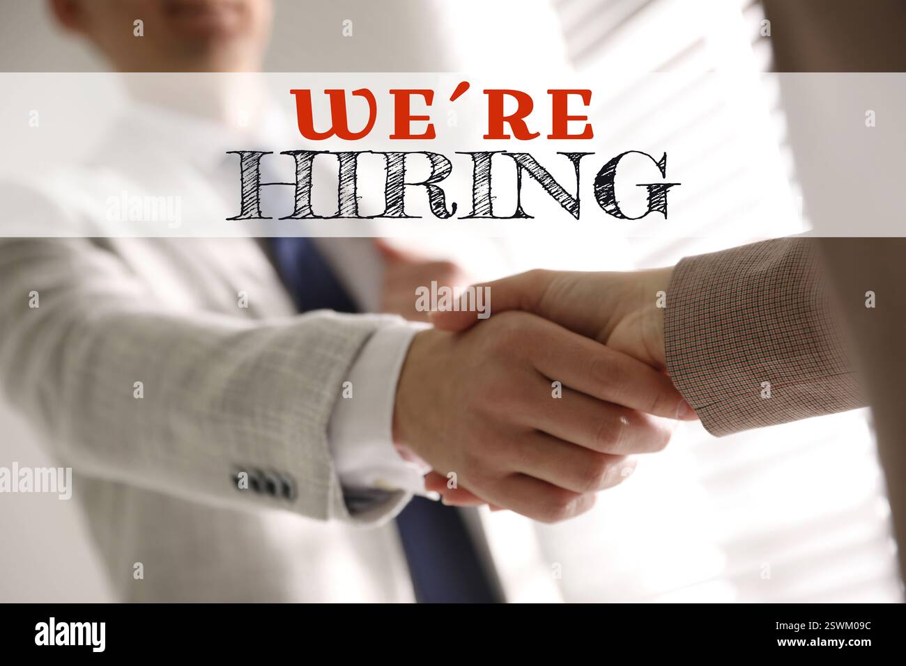We're hiring. Business people shaking hands in office, closeup. Human ...