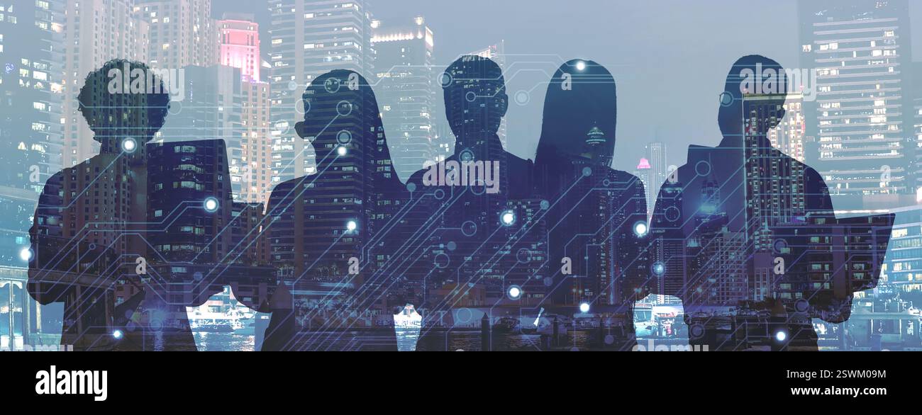 Human resource. Silhouettes of people, multiple exposure with night ...