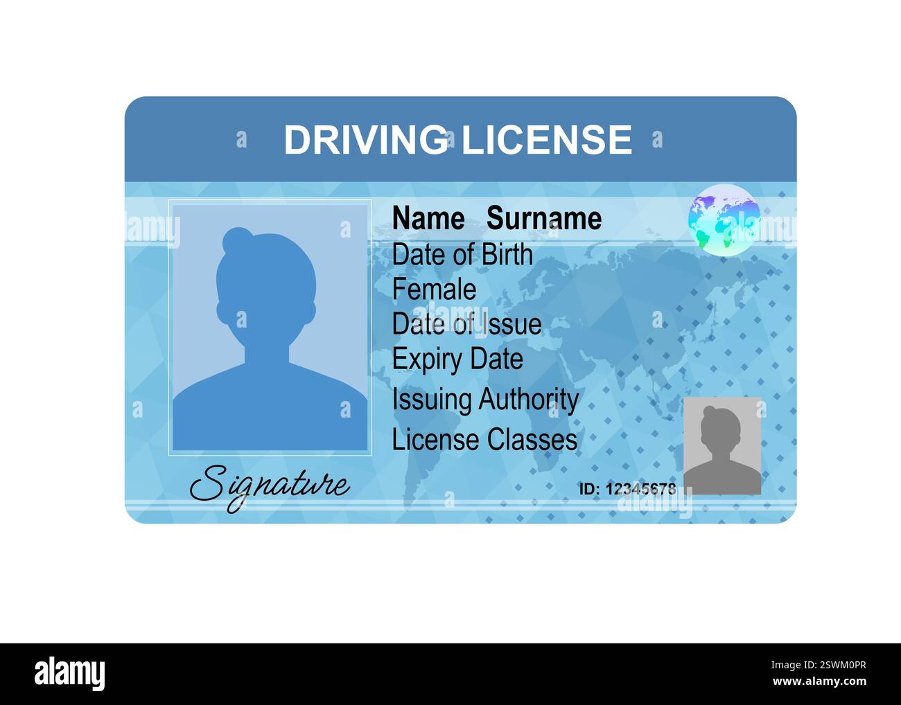 Driver's license with female silhouette and illustration of world map ...